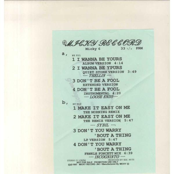 製造国 : JAPAN　　リリース年 : 1997　　レーベル : Micky Records　　品番 : HY011　　　　未使用デッドストック。レアなR&amp;B音源等を集めたコンピシリーズ「Micky Records」のVol.6!...