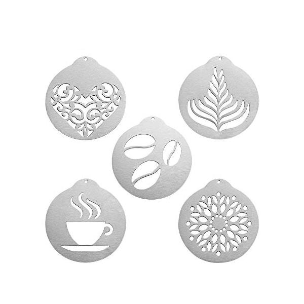 コンパクト5枚セット/直径8.5cm/KOTEM05・Color:5枚セット・ラテアートステンシルラテアート用ステンシルが5枚入っています。ハート、葉っぱ、コーヒーなどの5種類のかわいいパターンが含まれています。おしゃれなカプチーノ、ラテが...
