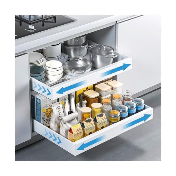 ホワイト/Medium/040758-041838-FT・Color:ホワイト・伸縮できるスライドトレー幅32〜48cm調整可能のシンク下収納ラック。異なるサイズのキャビネットや洗面台下にもぴったりフィットし、キッチンスペースを最大限に活用...