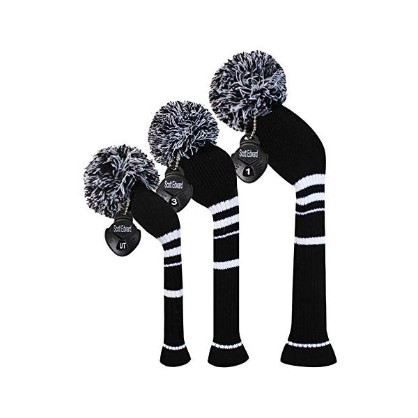 黒い白の縞模様/ゴルフボールをサーブ木、枕木、混合ロッド/no・Color:黒い白の縞模様・パッケージ個数:1・柔らかく、厚く、良い手の感触・手作り大きなポンポン・しわ防止、洗える・目を引くゴルフバッグの装飾・パーソナライズ された