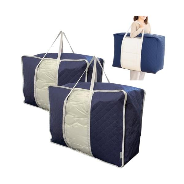 藍色 2枚組/羽毛布団 シングル〜ダブルサイズまで ロング持ち手付き/520・Color:藍色 2枚組・かさばる羽毛布団をスッキリ収納通気性に優れた厚手の不織布（ふしょくふ）素材に活性炭シートを加工。収納袋の全面に活性炭シート入りの三層生地...