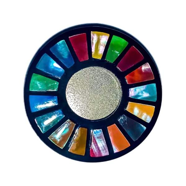 ピンバッジ・ブラック  ・サイズ：Φ27x15 mm 材質：樹脂・ウレタン・アワビ貝・金具 パッケージ：プラ袋・企画：公益社団法人 高岡青年会議所