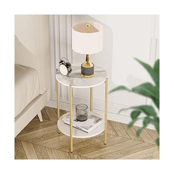 モダンホワイト/37 cm x 37 cm x 55 cm/XJJ307-GD-231205-1・パッケージ個数:1・大理石調石材テーブル天板と棚板は一枚の焼結石を使用し、鏡面仕上げで石材ならではの光沢やツヤ感を楽しめます。白い石材とゴール...