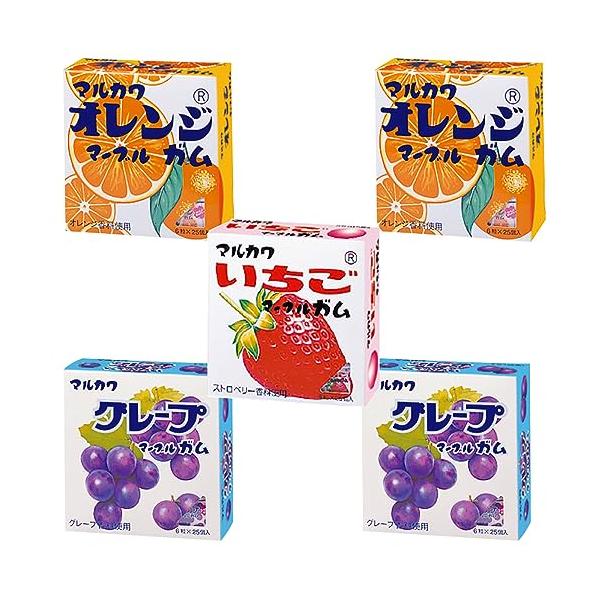 オレンジ2箱、グレープ2箱、いちご1箱の計5箱セット・大きな1箱の中に、通常サイズの6粒入りのマーブルガムが25個入っています。・ソフトな噛み心地と味の持続性が特徴です。・オレンジマーブルガムは昭和34年（1959年）発売のロングセラー商品...