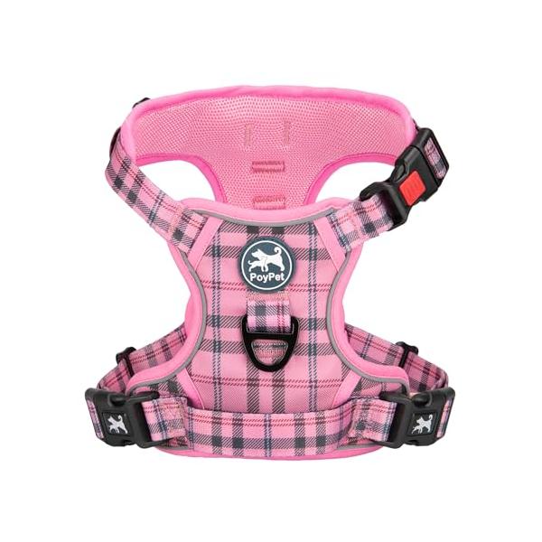 ピンク格子/XL/-・Size:XLColor:ピンク格子・着脱簡単＆犬への負担が少ない：PoyPetハーネスは、首元に1つ、胸元に2つのバックルが付いており、頭を通す必要がなく、着脱がらくちんです。首元のバックルには「ロック機能」が付いて...