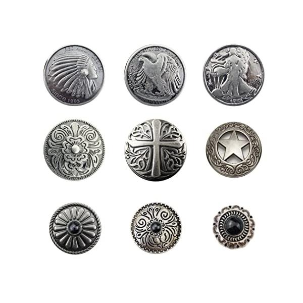 ブラック/直径約30mm、28mm、25mm、23mm/-・Color:ブラック・コンチョボタン9個セット スクリューコンチョはクラフトネジで簡単に取り付けできます。・ネイティブ系の財布・バック・ベルト・ポシェット・キーホルダー・スマートフ...