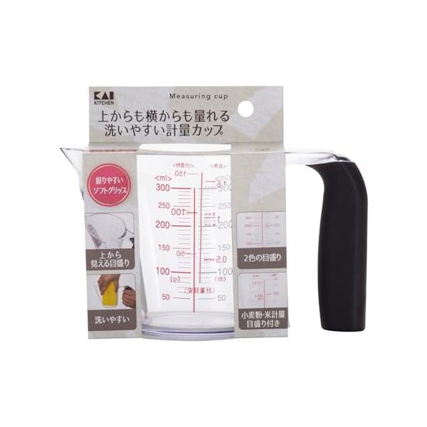 上から量れる計量カップKAI KITCHEN/95×160×84mm/DH8127・Color:KAI KITCHENStyle:上から量れる計量カップPatternName:300ml・パッケージ個数:1・上からも横からも見て量れる、握り...