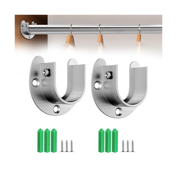 シルバー/25mm対応/BEIF111・Size:25mm対応・着脱可能なU字構造ワードローブのロッドブラケットはU字型のデザインで、ロッドの取り付けや取り外しが簡単です。パイプ固定金具の安定性を確保するための3穴固定で、頑丈でぐらつきにく...