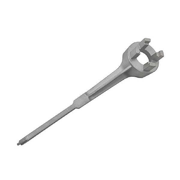 銀色/-/-・パッケージ個数:1・ドラム缶の蓋に差し込んで使用するドラム缶レンチです。・ピンスパナまたはメガネレンチとして、2インチ、3/4インチのバングキャップに最適です。十字の蓋にも取っ手側を差し込むことで対応できます。・建設・作業現場...