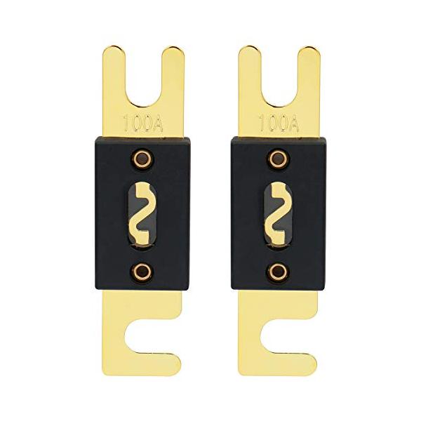 パッケージ個数:2・製品名: ANLヒューズ・定格電流: 100A・カラー：黒&amp;金・全体的なサイズ: 80 x 21 x 8mm(L*W*T)・2個入り