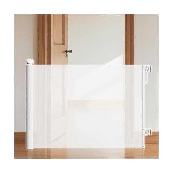 ホワイト/最大幅140cm/SG025・ロール式なので高い汎用性この巻き取り式ベビーゲートがリール伸縮設計により、様々なドア枠のサイズを対応でき(最大140cm)、使用しない時にはスペースを取らず収納できます、ゲートを閉める時は、フックに取...