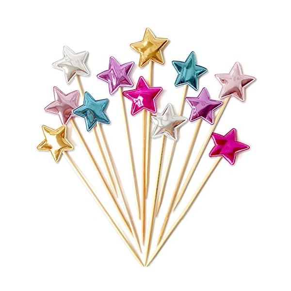 マルチカラー/free/LS55・Shape:星・サイズ：約3.5x11cm、50本セット。 材質：PU＆竹爪楊枝。・??、?、??、かわいい3種デザイン、カラフルな色、ケーキを簡単に綺麗に装飾します。・小さいサイズ大量に入りました、自宅用...