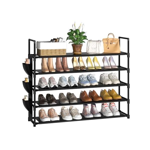 モダンブラック/5層/OYREL 5段黒シューズラック・Size:5層Color:ブラック・大容量ロングシューズラック：この 5 段階ブラックシューズラックにはサイドポケット付きで豊富な収納スペースを備えており、幅 84.5 x 奥行き 2...