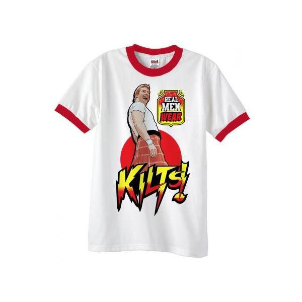 Rowdy Roddy Piper「ラウディ・ロディ・パイパー “リアル・メン・ウェア・キルツ！” Tシャツ」ボディ：リンガー 半袖Tシャツ（ソフトスタイル）薄手で柔らかな素材ボディ色：ホワイトリンガー衿、袖：レッドサイズ：S M L XL...