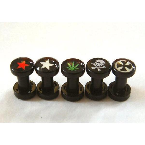 ★ボディピアス フレッシュトンネル　ロゴタイプ---------【素材】UVアクリル【数量】ご希望ロゴ1個【ロゴ】赤スター、白スター、ヘンプ、スカル、クロス 【サイズ】8G(3mm)　　長さ 約10mm 【仕様】片側がネジ式で開閉して装着し...