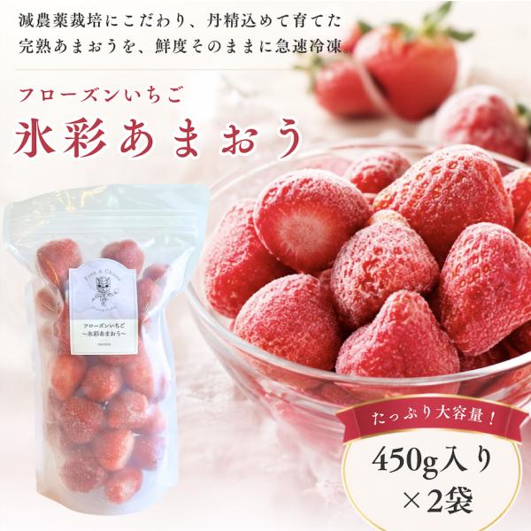 【フローズンいちご　氷彩あまおう（450g入り x 2袋）】新鮮なまま冷凍した極上あまおういちご。お料理からスイーツまでアレンジ自在。おおきベリーが減農薬栽培にこだわり、丹精込めて育てた完熟あまおういちごを鮮度そのままに急速冷凍。その贅沢な...