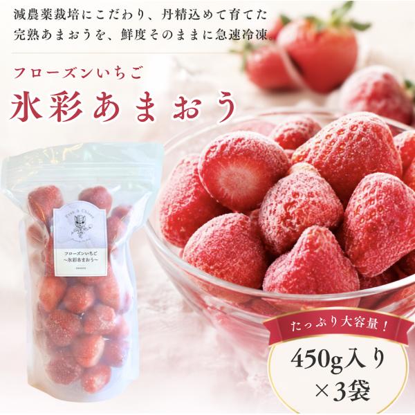【フローズンいちご　氷彩あまおう（450g入り x 3袋）】新鮮なまま冷凍した極上あまおういちご。お料理からスイーツまでアレンジ自在。おおきベリーが減農薬栽培にこだわり、丹精込めて育てた完熟あまおういちごを鮮度そのままに急速冷凍。その贅沢な...