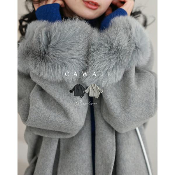 Sから2L対応 取り外しできるファー袖ウールライクコート ベルト付き