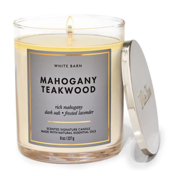 アメリカで大人気のBath&amp;BodyWorksのキャンドルです。Signature Single Wick CandleMahogany Teakwood　（マホガニーティークウッド）■香り■ 森の中をハイキングするためにフランネル...