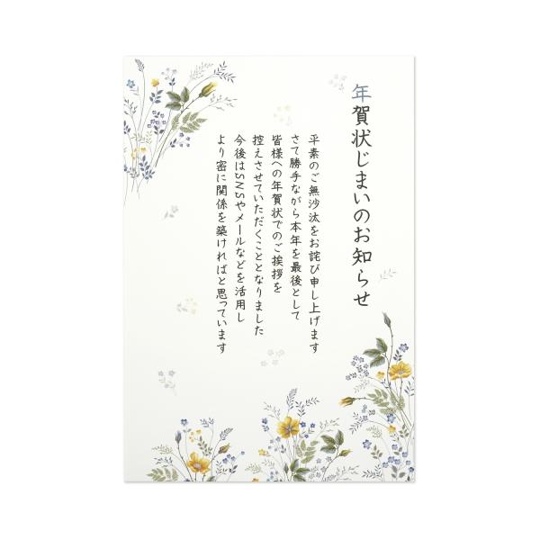 【仕様】●内容：3枚入り●サイズ：H148mm x W100mm「年賀じまいはがき」は、これまで年賀状のやり取りをしていた相手に対し、今後の年賀状の送付を辞退する旨を伝える挨拶状です。来年もご使用いただけるデザインです。同デザイン3枚入り。...