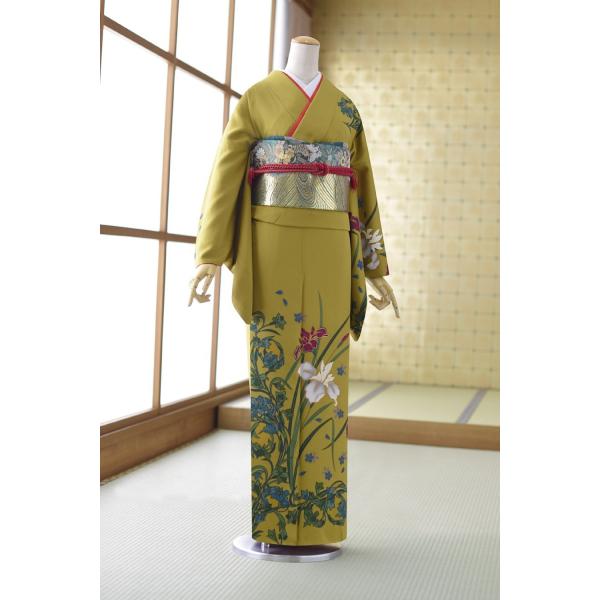 【商品番号：mh1388】【商品名：辛子ふちどりアヤメ】※この着物は、裏地が背中と両袖には無く腰から裾までは有る商品です。※ご着用おすすめ時期：5月〜9月※対応身長:155cm〜170cm位　洋服サイズ:7〜13号位まで----------...