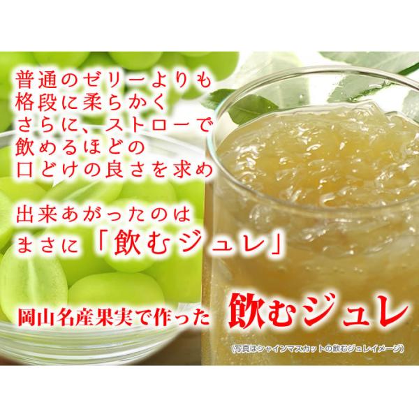 名称　生菓子（ゼリー飲料） 品名　岡山名産果実で作った「飲むジュレ」形状　１箱８個入り（４種各２個）内容量　１個＝約145g賞味期限　約120日保存方法　直射日光、高温多湿をさけて保存してください。※開栓後はお早めにお召し上がり下さい。まれ...