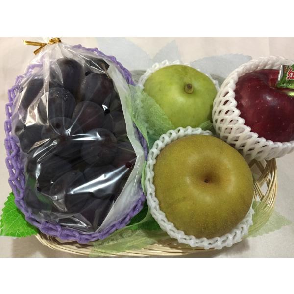 店主ゴリが厳選した旬の果物をお届けいたします。内容物見本：ぶどう、梨２種類、りんご