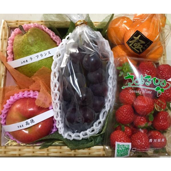 店主ゴリが厳選した旬の果物をお届けいたします。内容物見本：種無し巨峰、さぬきひめ、高徳、ラ・フランス、糸孫みかん