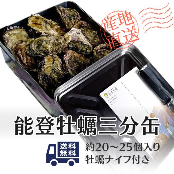 【発売日：2025年11月01日】【商品名】殻付き能登牡蠣三分缶通販（20〜25個入り）2年もの・加熱用・送料込【お届け内容】かき殻付20〜25個入り（加熱用）、３分缶（サイズ：約24cm×24cm×11cm）、カキナイフ【原材料】牡蠣【賞...