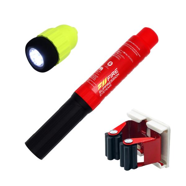 ■FIRE SHOKA STICKの特徴・有害な残留物を残さず「汚れない消火」が可能・一般的な消火器(5kg)の5.3％の重量(265ｇ)・法定点検が要らないメンテナンスフリー・噴射される不活性ガスは呼吸しても安全・一般的な消火器の3.3倍...