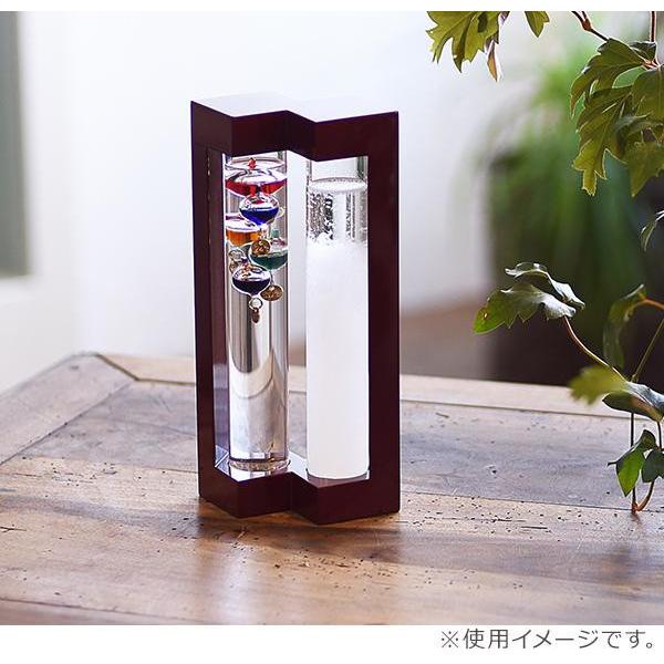 液体の比重が温度によって変化する原理を使って作られた温度計と、天候によって結晶の様子が変化すると言われているストームグラスのセットです。インテリアとして、置くだけでも目を楽しませてくれます。