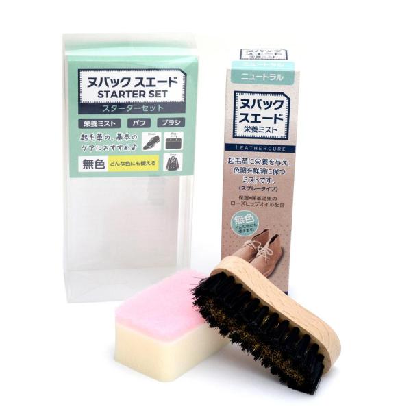 ヌバック・スエード(起毛革)の靴・バッグなどの基本のお手入れに必要なアイテムを揃えました。栄養ミスト・汚れ落とし用パフ・真鍮入りブラシがセットになっています。