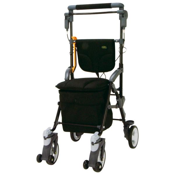 やわらか座席つきです。厚さが3センチもあるやわらかクッションが入っているので、座り心地は上々。便利な10Lの大型バッグ付きシルバーカーです。背面には小物入れネットが付いています。