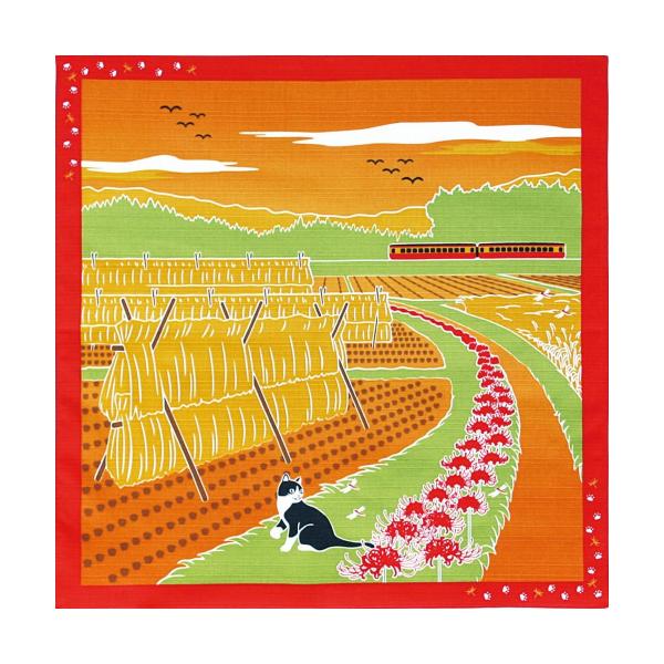 お昼寝とお散歩が大好きな猫のたま。四季折々の景色の中をのんびりお散歩。四季折々の景色の中を散歩する猫を描いた風呂敷。別売のタペストリー棒に取り付けて壁にタペストリーとして飾ることもできます。