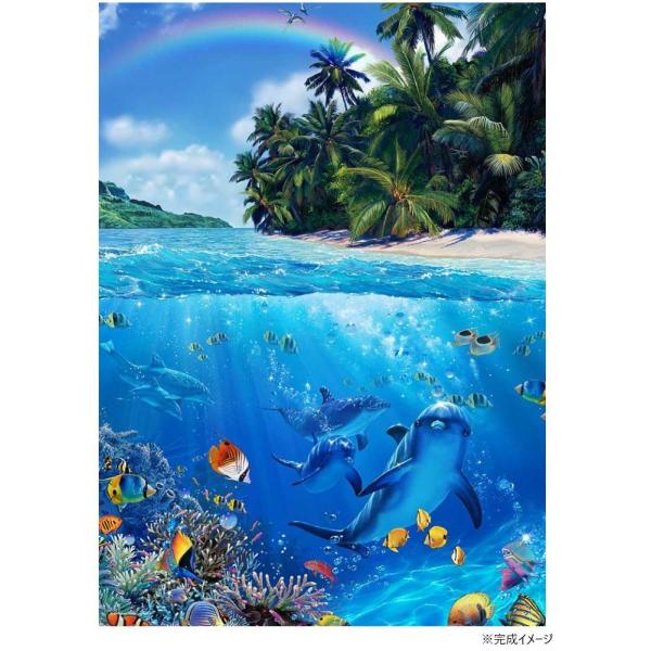スカイブルーの海とイルカの可愛い表情が魅力の1枚。空には七色の虹が掛かり、より華やかな表現になっている。箔印刷により豪華絢爛なジグソーパズルを実現。