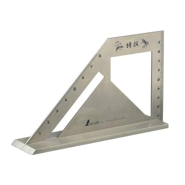 45度合わせや直角検査に使用する止型スコヤです。片面で左右45度の墨付けができる止型スコヤです。止型定規として、また完全スコヤとして、1台2役になります。