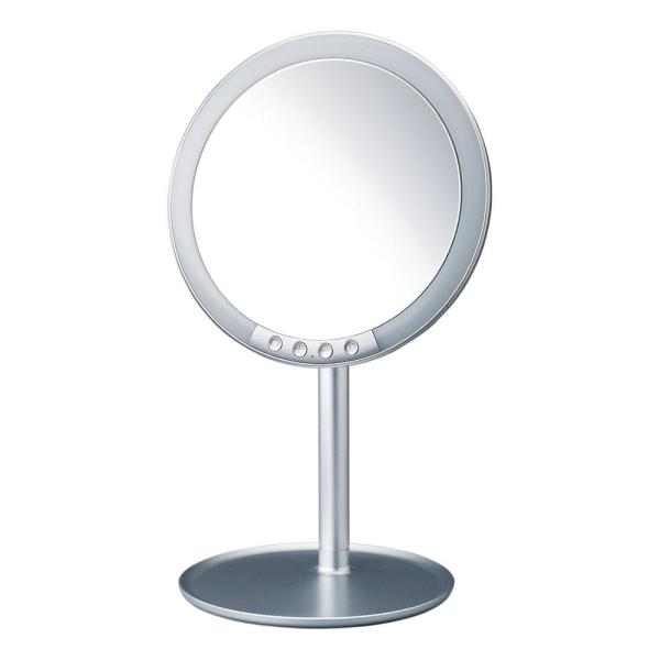 天気やその場の照明に影響を受けないLEDスタンドミラー。ナチュラル・ウォーム・クールの3色ライトです。本体ミラーの裏側に3倍拡大鏡が付いています。