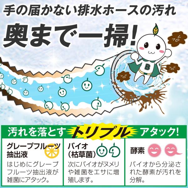 ＼2週間に1回でキレイが続く／・化学薬品不使用のバイオ洗浄剤洗濯機に入れて脱水工程をするだけで排水ホースが洗浄できます！・グレープフルーツ抽出液、バイオ(枯草菌)、酵素のトリプルアタックで汚れを落とし、カビ、ヌメリ、雑菌による悪臭を抑制しま...