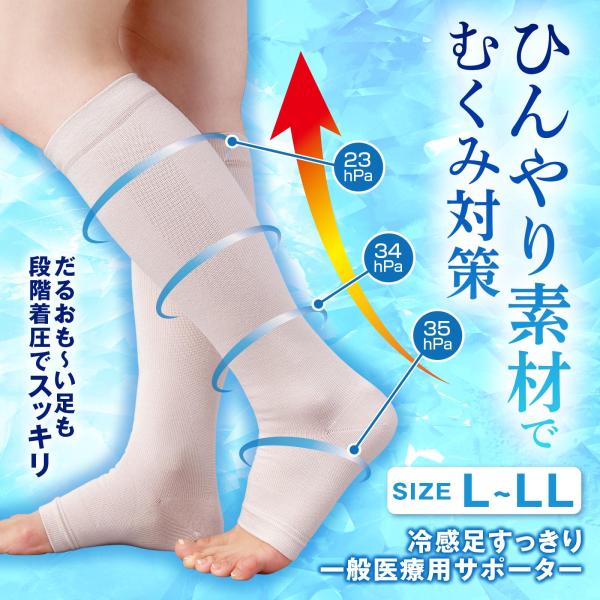 ＼ひんやり素材でむくみ対策／・一般医療機器の弾性ストッキング・冷感糸を使用しているため、暑い時期も快適にむくみケアができます◎・抗菌・防臭効果もあり、臭い対策にも！・テーピング編みを施しふくらはぎを持ち上げ、足を軽やかにします◎※重度の血行...