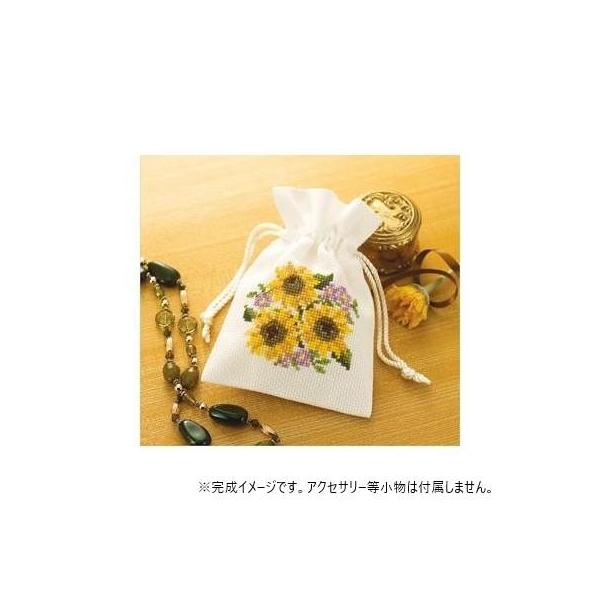 人気の高いヒマワリを上品にあしらった、エレガントな印象の小物キット。技法はクロスステッチ。技術レベルは初級〜中級者向。