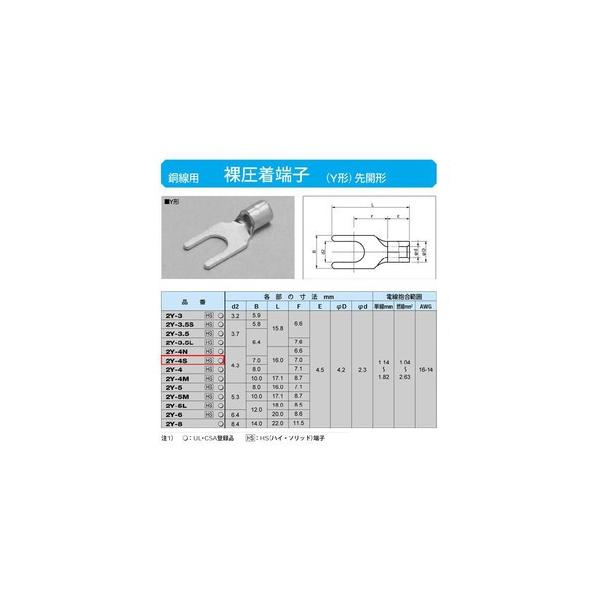 裸圧着端子(Y形)先開形2Y-4S　100個入