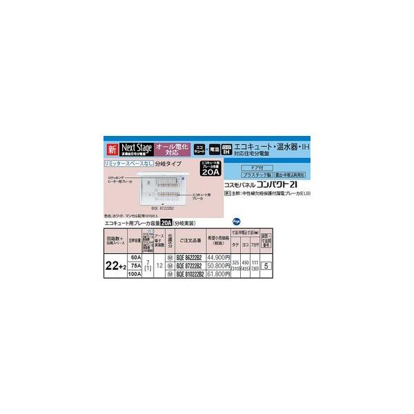 オール電化対応/エコキュート・IH対応住宅分電盤/露出・半埋込両用形/エコキュート容量：20A/ドア付/リミッタースペース無/分岐実装/単3/主幹：中性線欠相保護付漏電ブレーカ(ELB)/主幹：ELB60A分岐：22+2/プラスチック製/色...