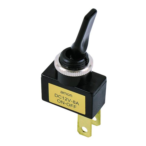 ・電装品のON-OFFに・スイッチタイプ：ON-OFF・使用可能電流：DC12V車専用/8A以下・取付穴径：φ12・適合板厚：1~6mm・適合端子：平型端子(メス)250型・ノブ：ブラック(樹脂)