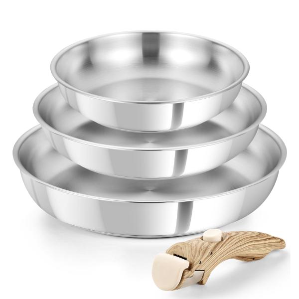 ・約75％の収納スペースを節約：取っ手のとれるのより、全てのステンレス鍋をすっきり重ねて収納可能。従来より最大75％のスペースを節約できます。コンパクトなキッチンやキャンピングカー、アウトドア調理に最適なフライパン 取っ手が取れる鍋セットで...