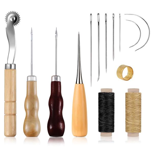 ・セット内容：計14点セット。千枚通し*3、系*2、裁縫用針*7、レザートリミングホイール*1、指貫*1。・ワックス糸：丈夫で壊れにくく、スムーズな縫製が可能です。・多種類の革縫い針：サイズと形状がそれそれ違う針はご用途と目的によりご自由に...
