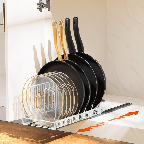 ・「距離調節可能な仕切り」　ラックの両側に穴が均等に開いており、付属の10個の仕切りパーツで鍋、鍋蓋またはお皿の大きさ・厚さに応じて自由に設置でき、日常の使用習慣に従い、最も使いやすい形に調整できます。仕切りのコの字部分はより深めの設計で、...