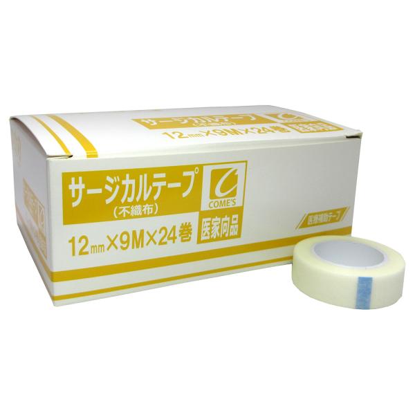 通気性・透湿性に優れた不織布タイプのサージカルテープ●不織布タイプ●通気性・透湿性に優れ、ムレやカブレの肌への心配を軽減します。●手で素早くきれいに切ることができるテープです。●粘着：アクリル系粘着剤【サイズ】12mm×9m×24巻【材質】...