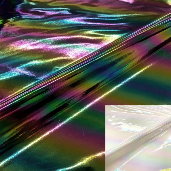 品番FK10326パールのホログラム箔の載ったエナメル生地です。縦方向にオーロラのラインが入ります。白のパステルと黒のギラギラ、まるで別の生地みたい！生地が薄手の為小さなものやパーツも作りやすいです。舞台衣装やコスプレにも！！※ロットにより...