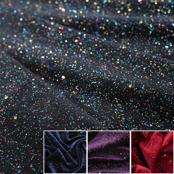 品番FK10480宇宙を思わせるキラキラのベロア生地です。ラメが落ちたり手に付いたりしないのでとっても扱いやすいです。これ一枚で存在感バッチリ！！柔らかく程よい厚みで綺麗なドレープが出ます。50cm以上10cm単位で販売いたします。価格は1...