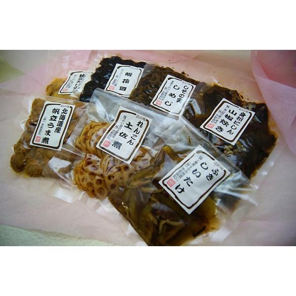 京都のおばんざい7種類をギフトに最適なセットにしました。 開封前は常温保存で上記保存可能な商品ばかりのセットですので、留守ガチなお宅へ安心して送る事が出来ます商品です  [商品内容]　身折にしん山椒炊き、穂先たけの子、ひじき豆、しその実しめ...